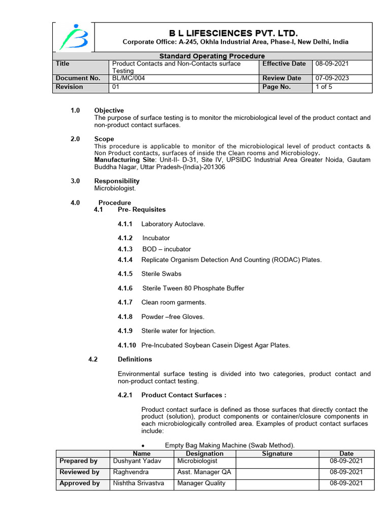 Surface Testing SOP for Clean Rooms | PDF | Microbiology