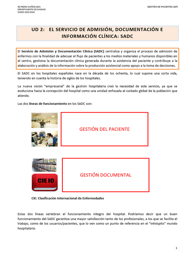 UD 2. El SADC, Servicio de Admisión y Documentación Clínica Apuntes PDF ...