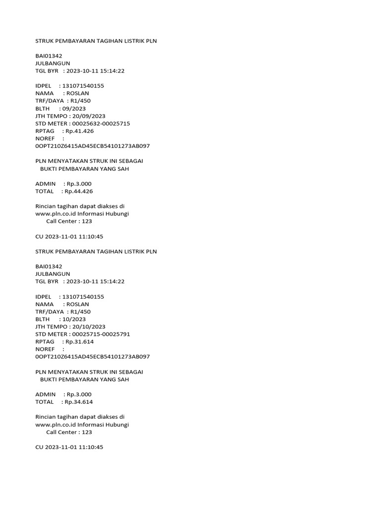 Struk Pembayaran Tagihan Listrik PLN | PDF