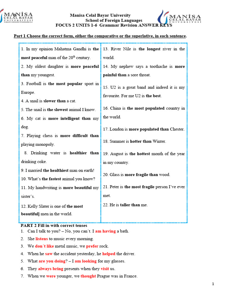 Focus 2 Revision Units 1-3 AK | PDF