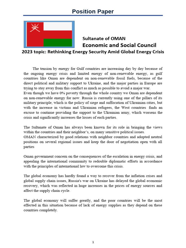 Position Paper OMAN 2023 | PDF | Energy Crisis | Energy Development
