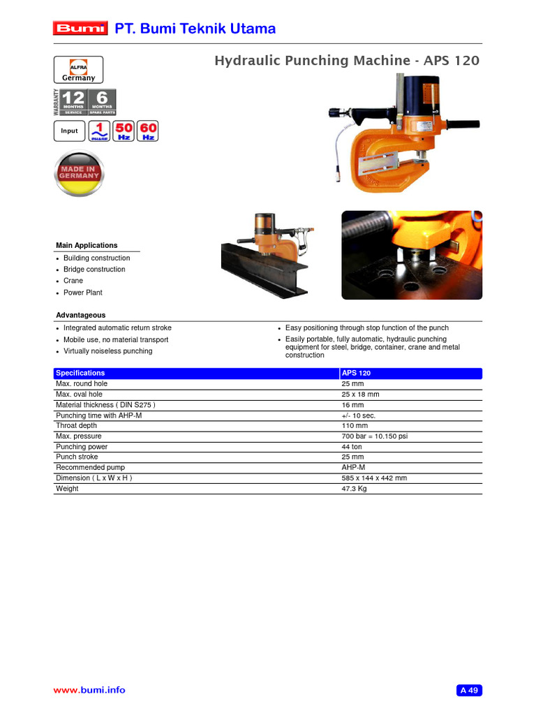 Hydraulic Punching Machine - APS 120 | PDF | Derek (Mesin) | Peralatan