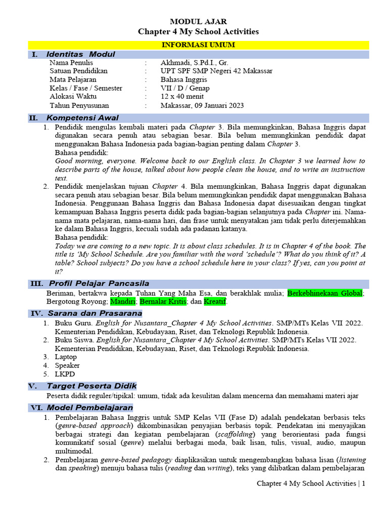 Modul Ajar Kelas 7 My School Activities | PDF