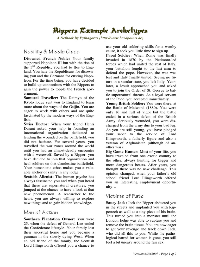 Savage Worlds - Rippers - Example Archetypes | PDF