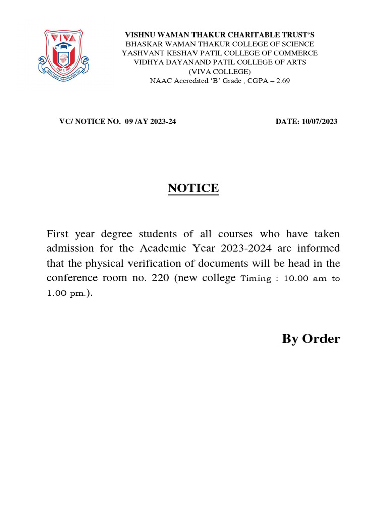 First Year Physical Verification Notice 2023-24 | PDF