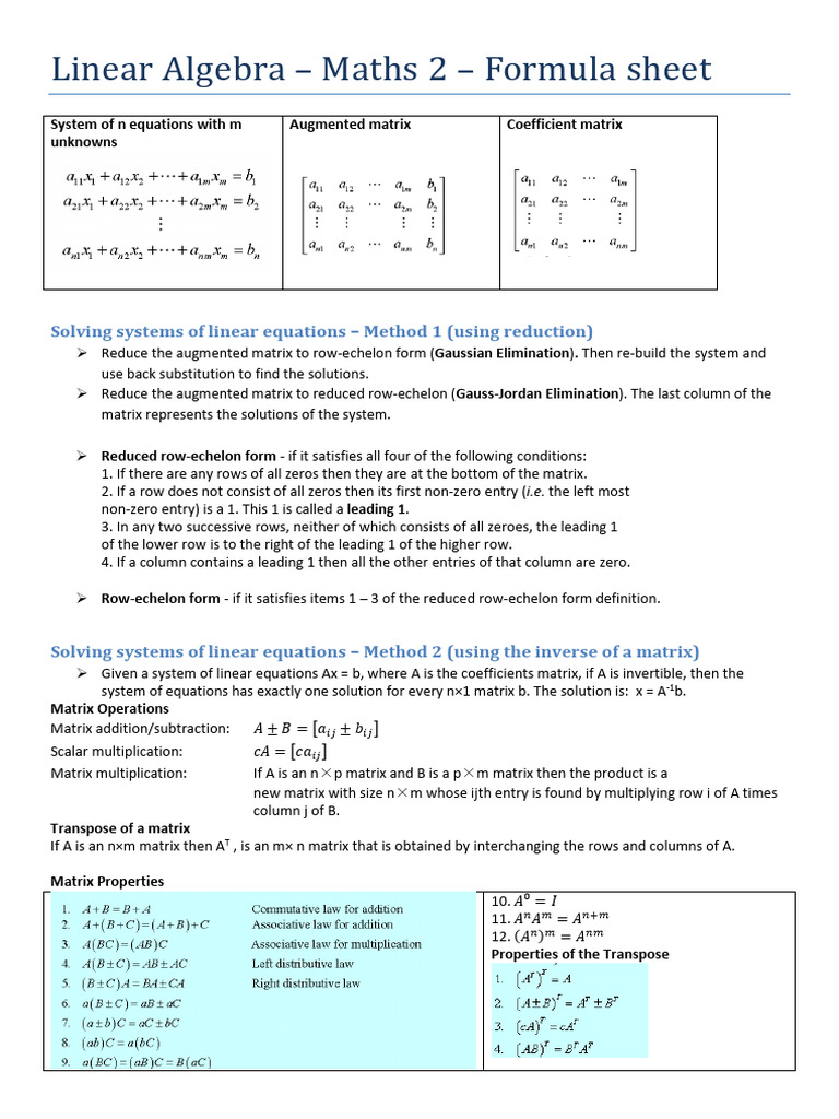 Formula Sheet For Linear Algebra | PDF | Teaching Methods & Materials