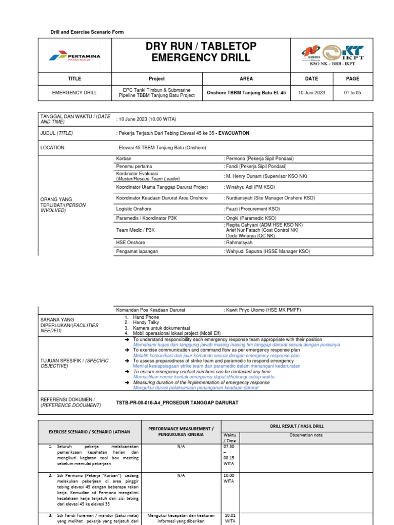 Emergency Drill - TBBM Project - Simulasi Jatuh Dari Tebih El 45 10 Juni 2023 Rev 01 | PDF