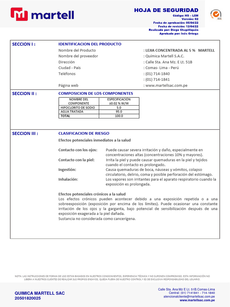 Hoja de Seguridad: Lejía Concentrada Martell | PDF | Agua | Sal (química)