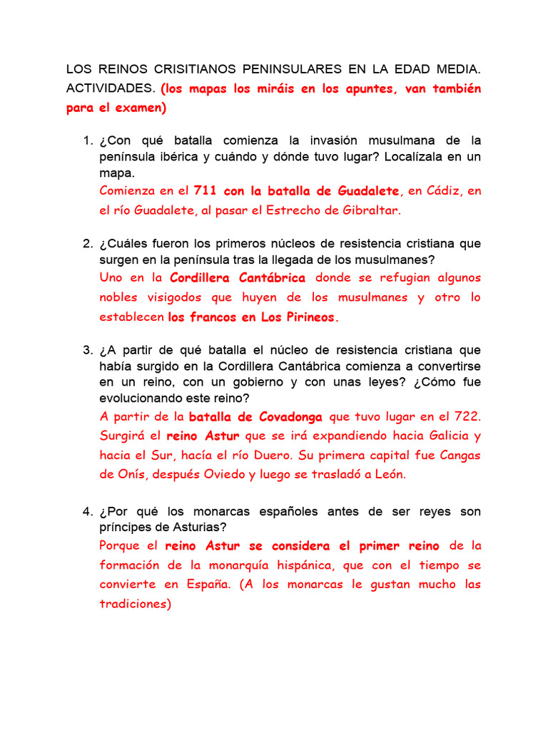 Reinos Cristianos Peninsulares en La Edad Media. Actividades | PDF | Al Andalus | Feudalismo