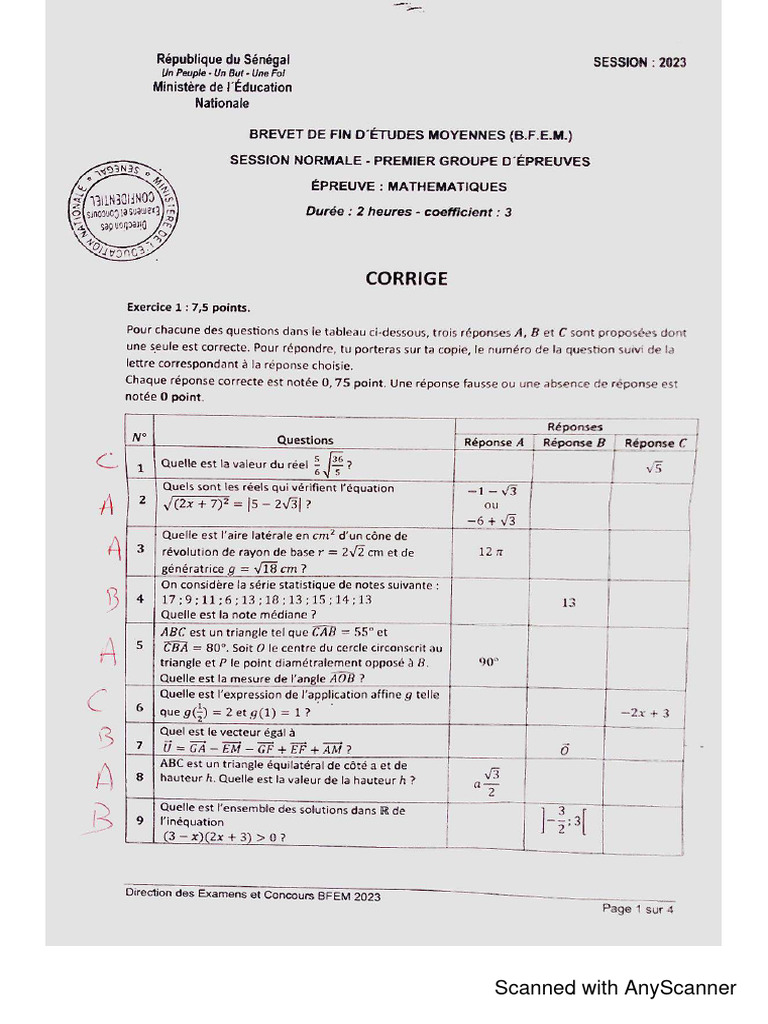 Correction Maths Bfem 2023 | PDF
