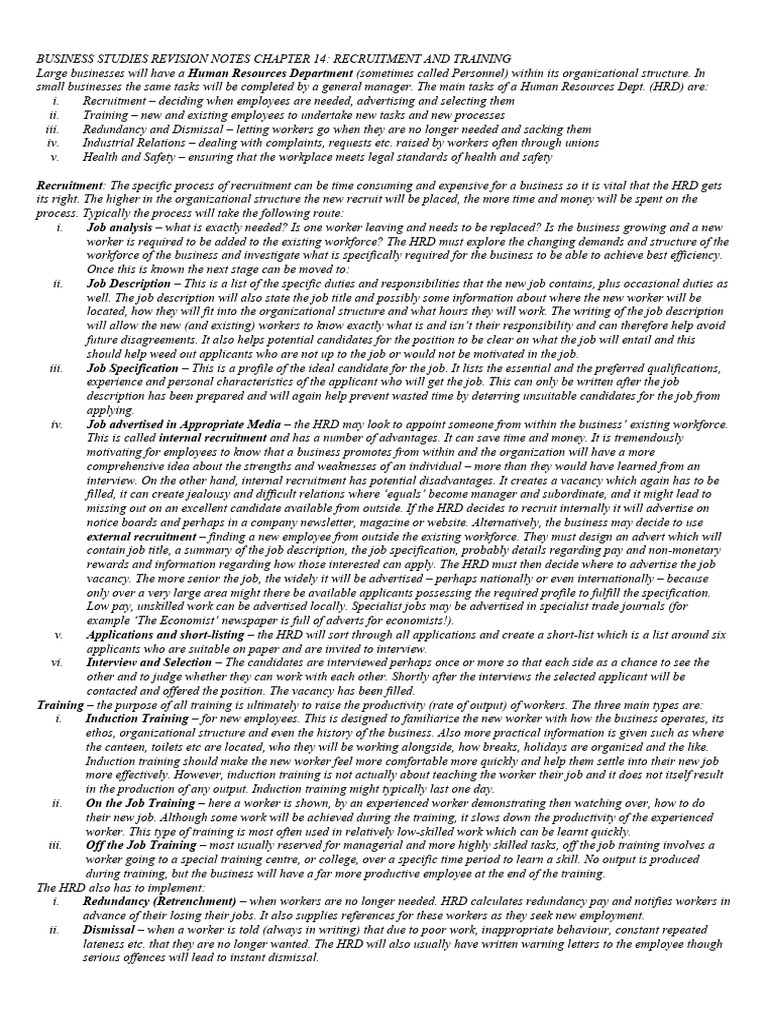 Business Studies Revision Notes 14 | Download Free PDF | Recruitment ...