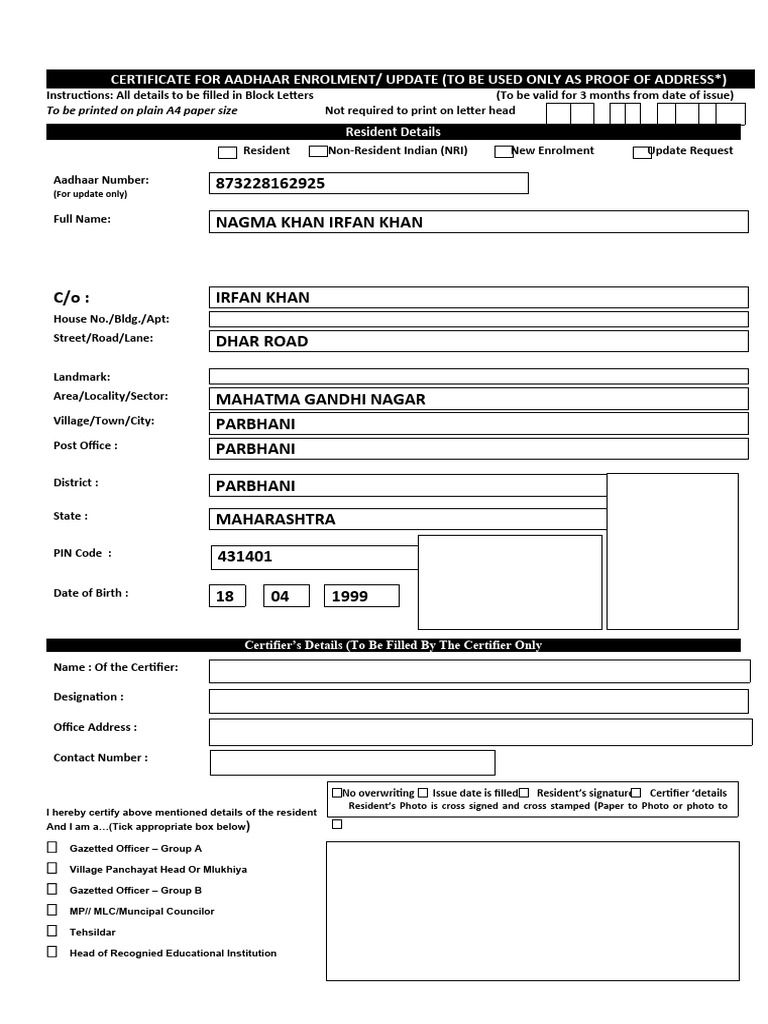 Certificate for Aadhaar Addres Chang | PDF | Written Communication ...