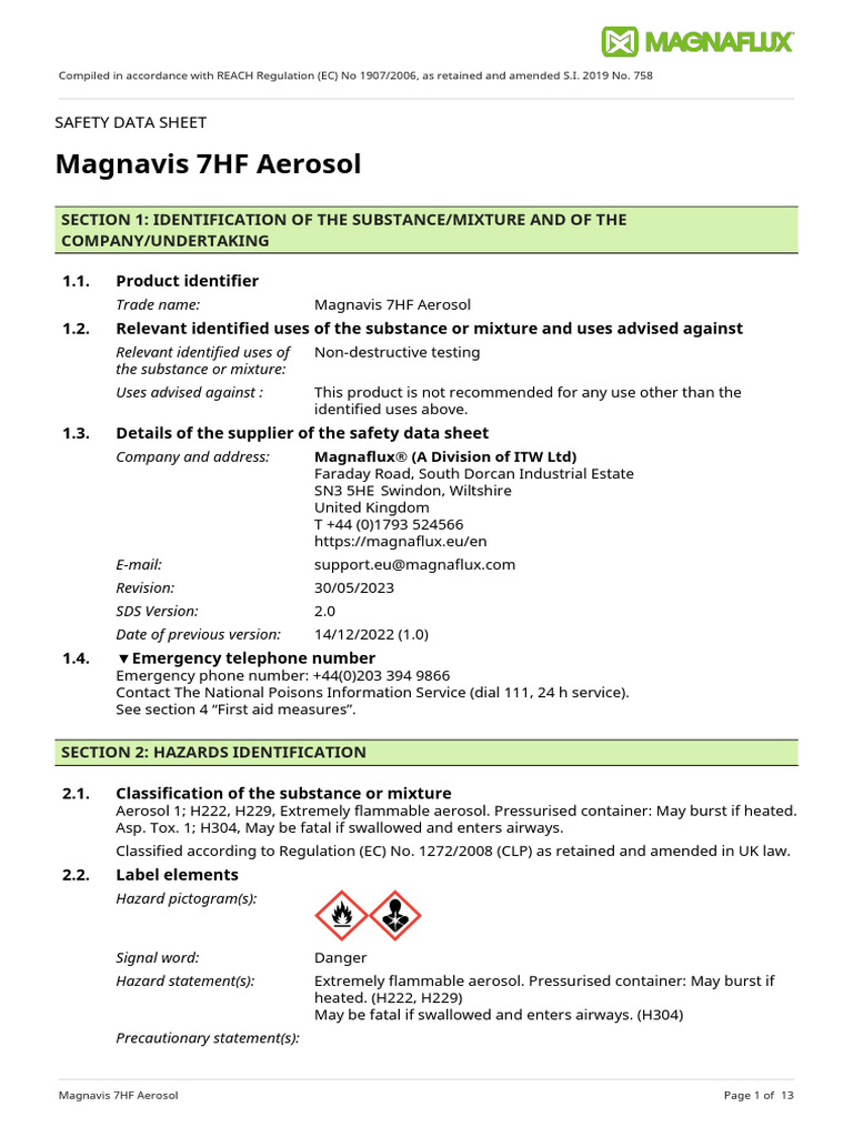 Magnaflux, A Divisio - Magnavis 7HF Aerosol - GB-en - v2 - 0 | PDF ...