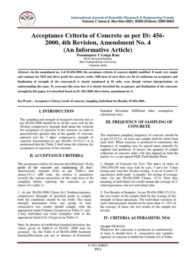 Acceptance Criteria of Concrete As Per IS 456 - IJSRET - V7 - Issue6 ...