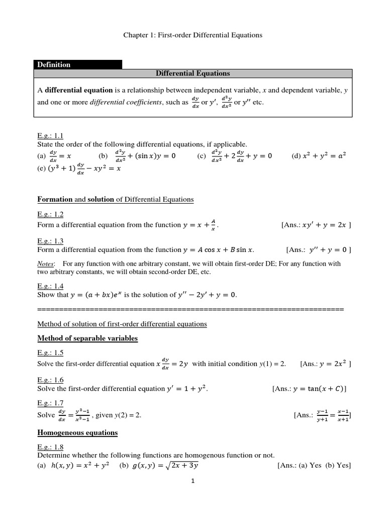 Handout Chapter 1 First Order Ode Pdf Differential Equations Equations