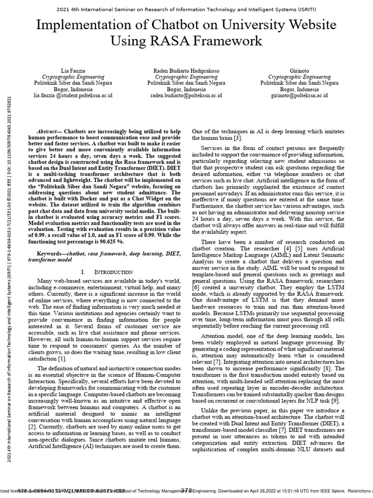 Implementation of Chatbot On University Website Using RASA Framework | PDF | Information ...