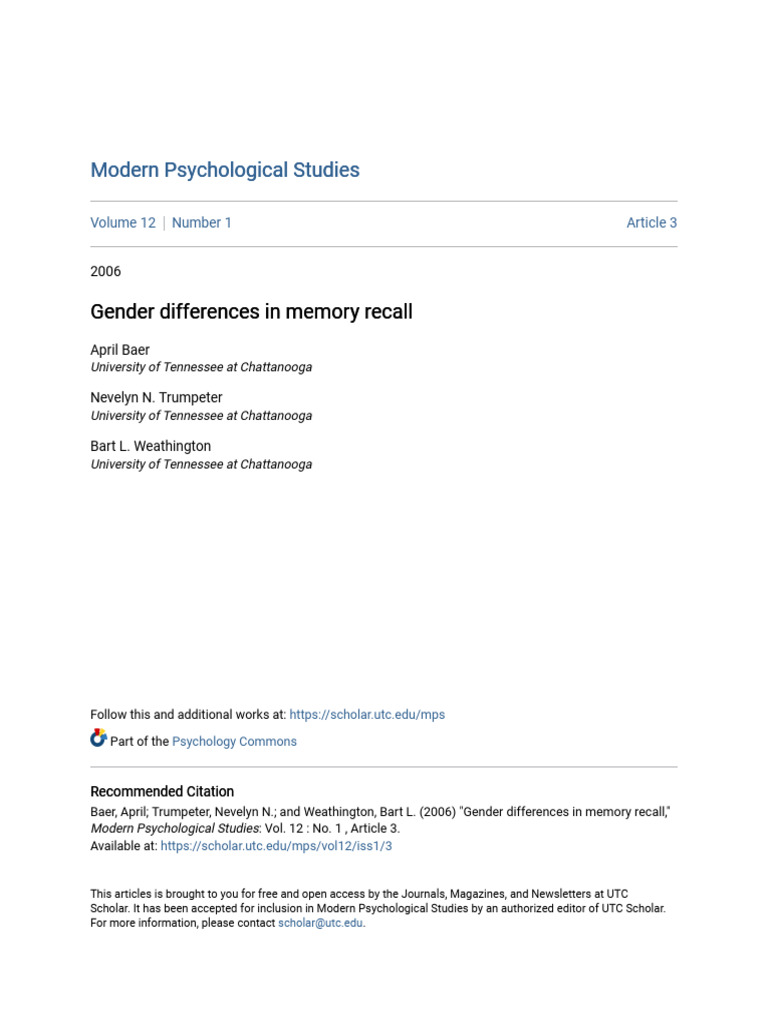 Gender differences in memory recall | PDF | Memory | Gender Studies