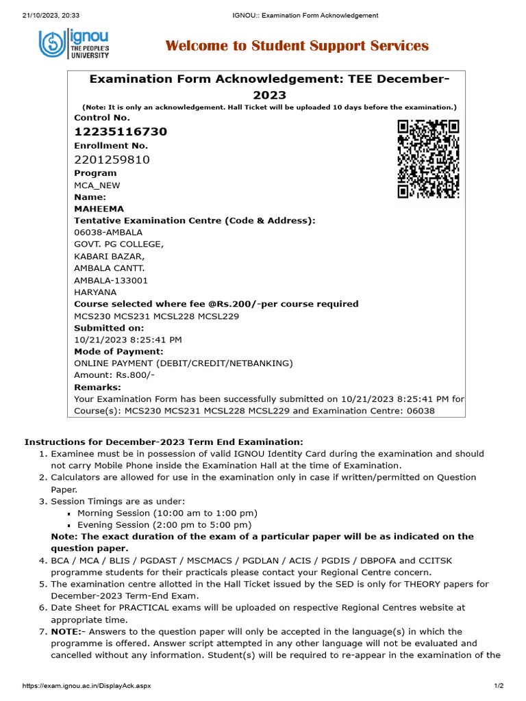 IGNOU__ Examination Form Acknowledgement | PDF | Service Industries ...