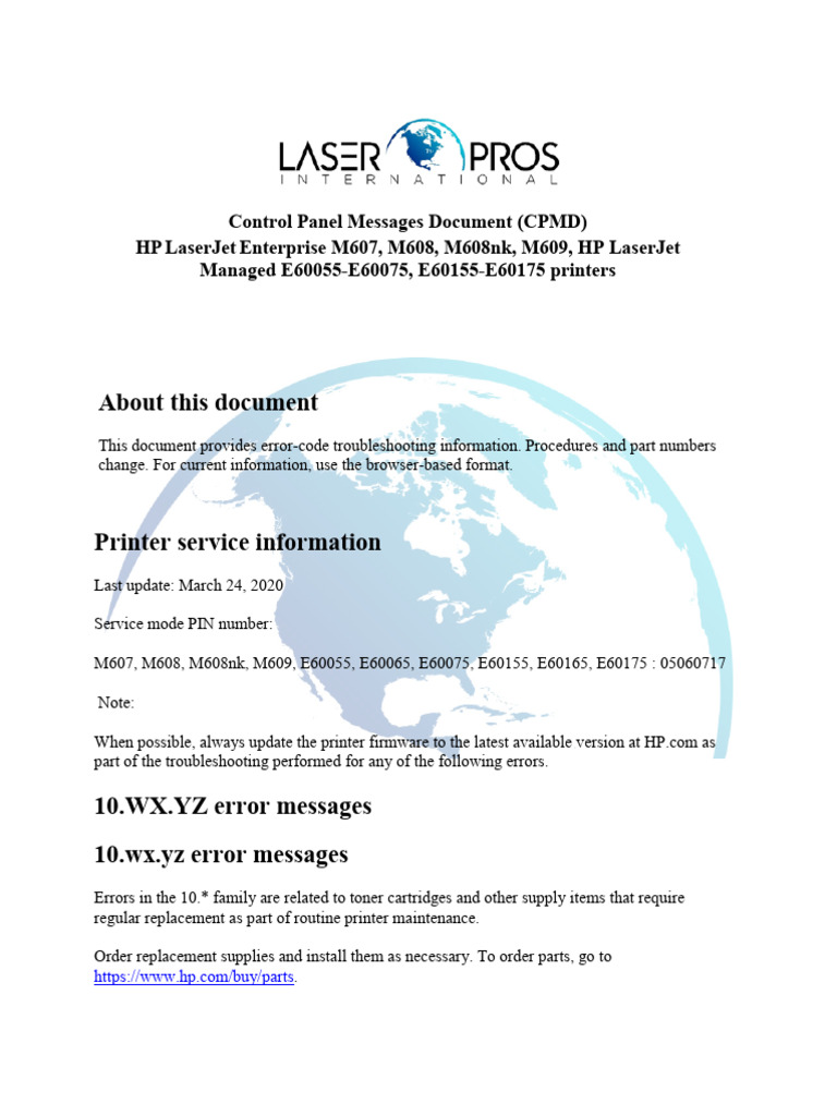 Updated Error Codes m607 m608 m609 CPMD 3.2020 | PDF | Printer (Computing) | Troubleshooting