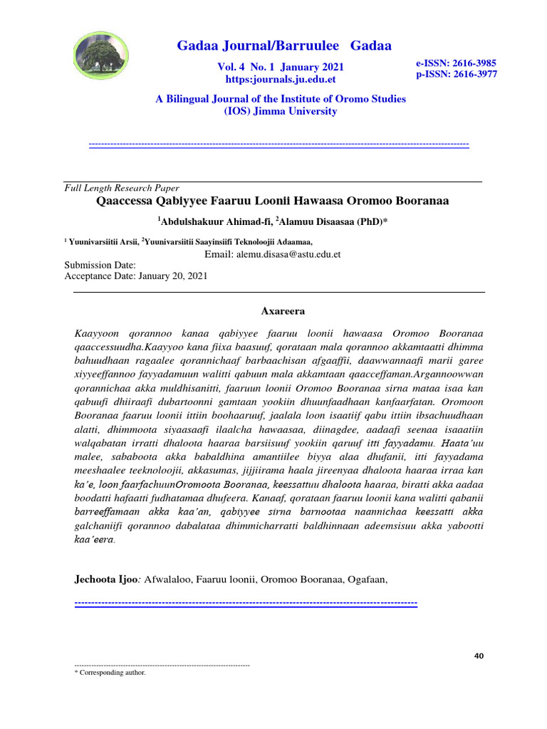 Gadaa Journal/Barruulee Gadaa: Qaaccessa Qabiyyee Faaruu Loonii Hawaasa ...