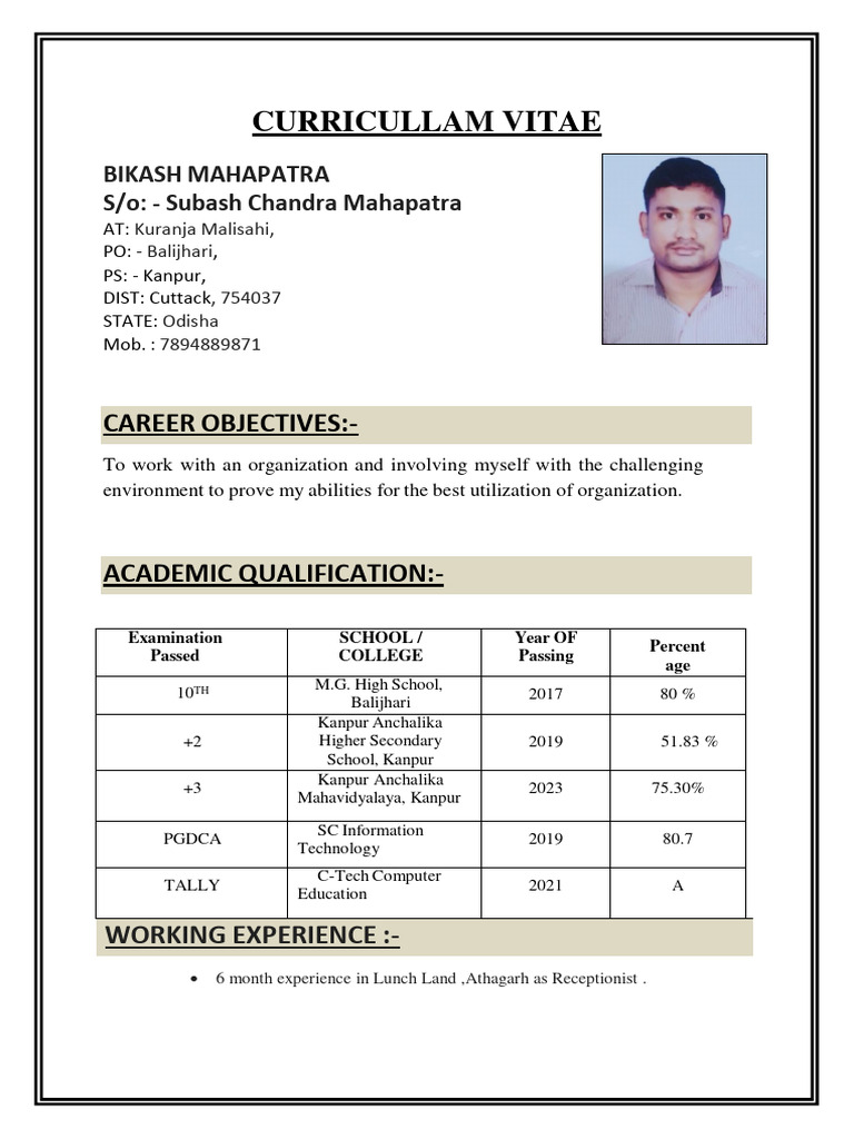 Curricullam Vitae: Bikash Mahapatra S/o: - Subash Chandra Mahapatra | PDF