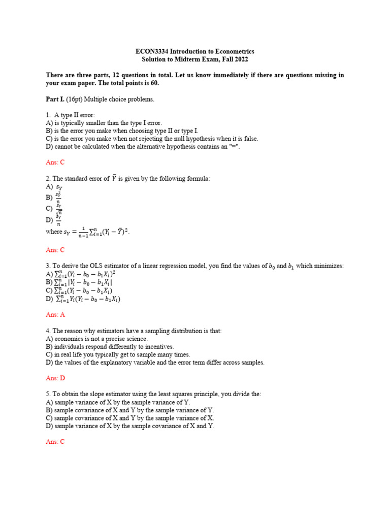ECON3334 Midterm Fall2022 Solution | PDF