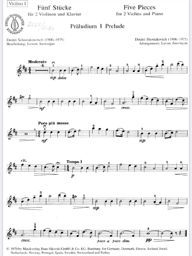 Shostakovich 5 Pieces For 2 Violins and Piano | PDF