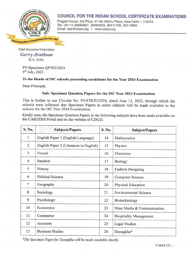 CIRCULAR Specimen Question Papers For The ISC Year 2024 Examination | PDF