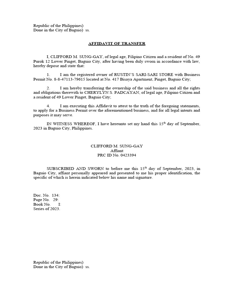 Affidavit of Transfer of Business - Larioza | PDF
