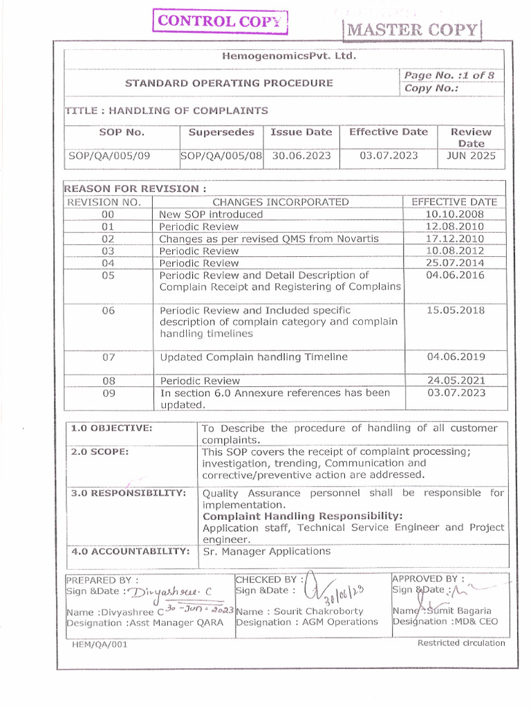 Complaint Handling SOP - 2023 - Controlled Copy | PDF