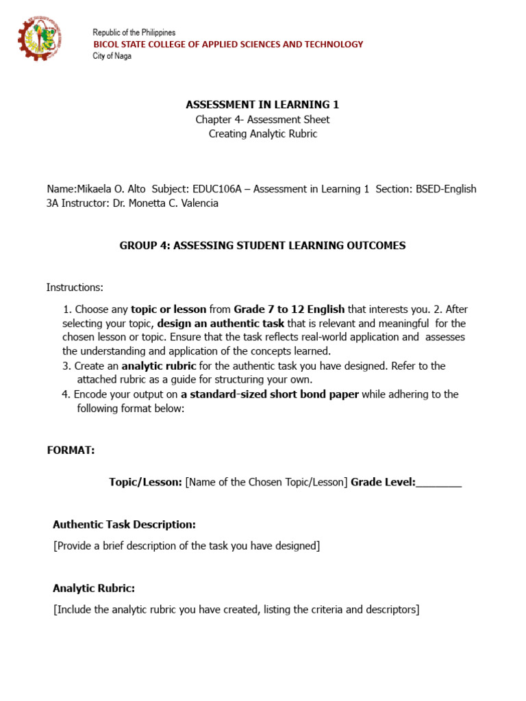 Al1 - Assessment Sheet (Group 4) | PDF