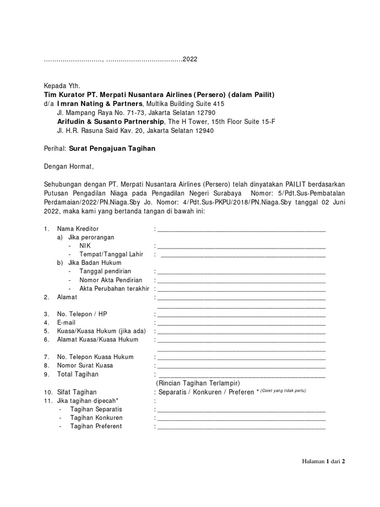 Contoh Surat Pengajuan Tagihan Kepada Kurator | PDF