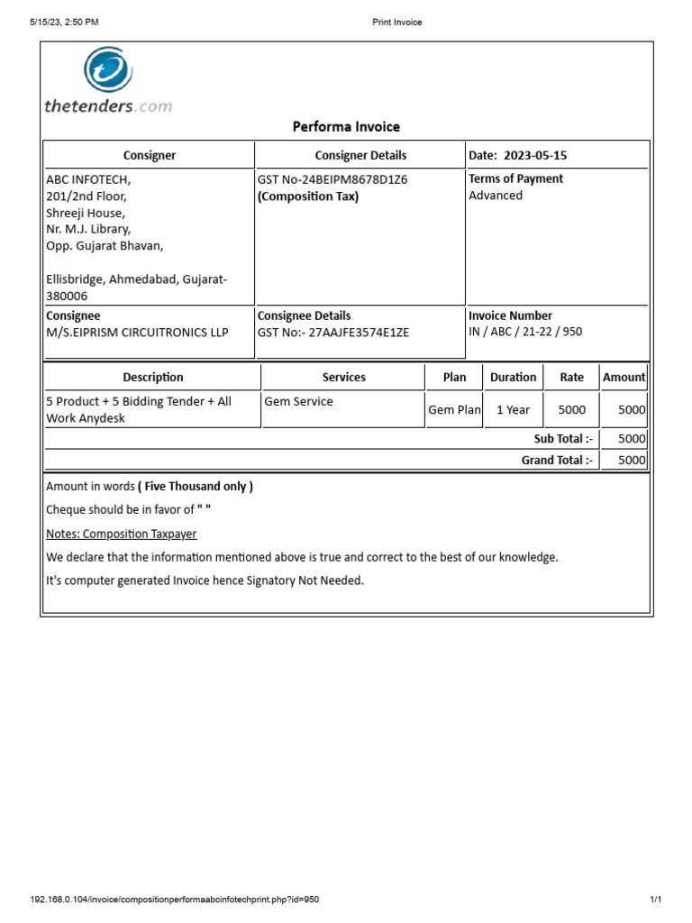 ABC Infotech Performa Invoice 950 | PDF | Finance & Money Management