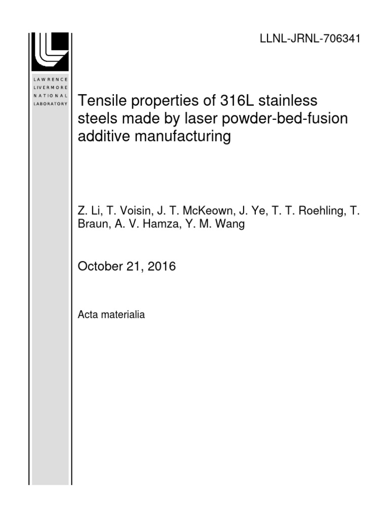 Tensile Properties of 316L Stainless Steels Made by Laser Powder-Bed-Fusion Additive ...