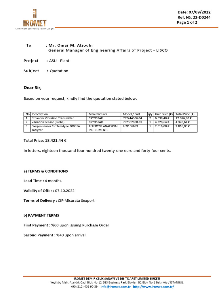 22-D0244 Quotation | PDF | Service Industries | Payments