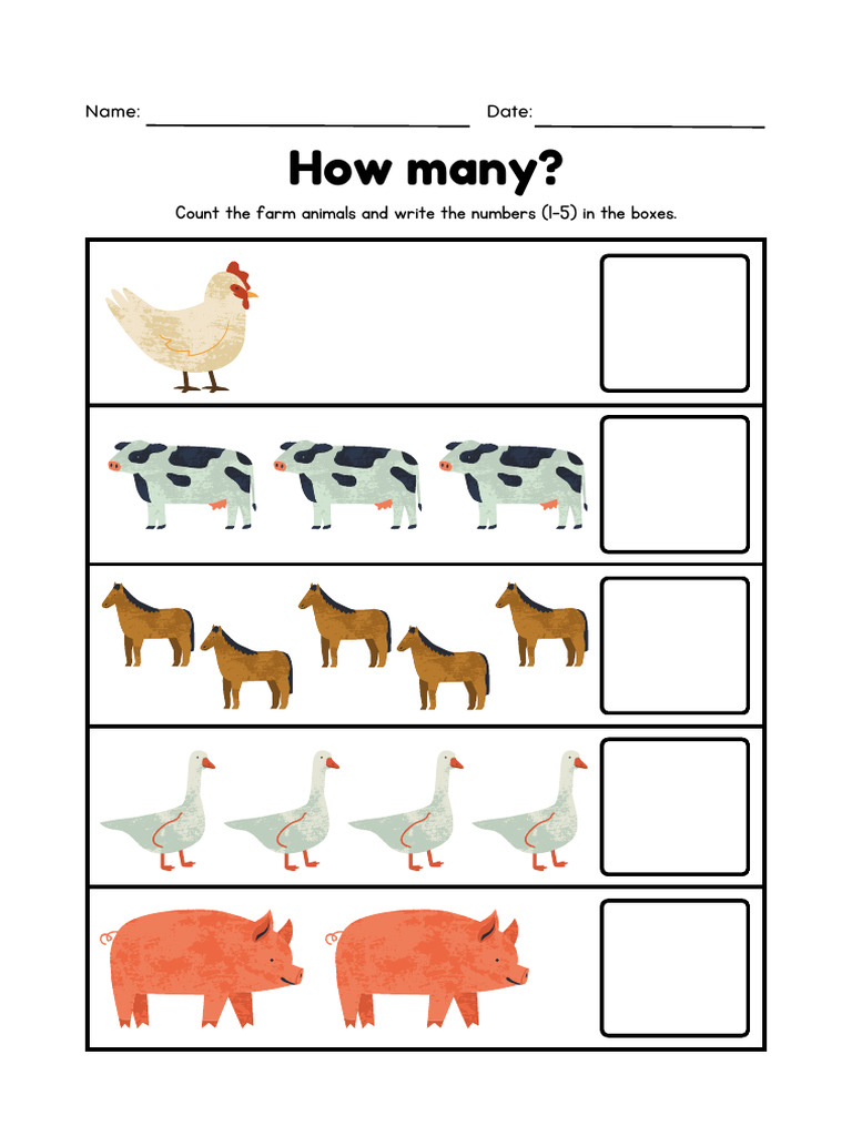 White Colorful Illustrative Printable Math Kindergarten Farm Animals ...