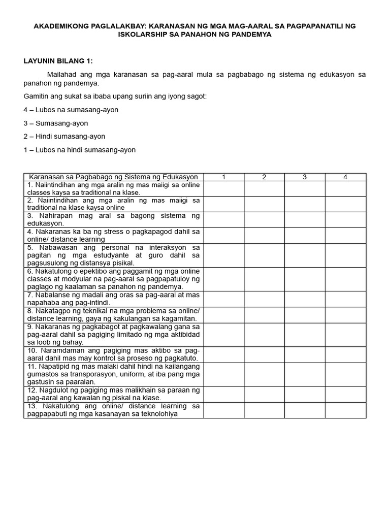 Questionnaires Pagbasa | PDF