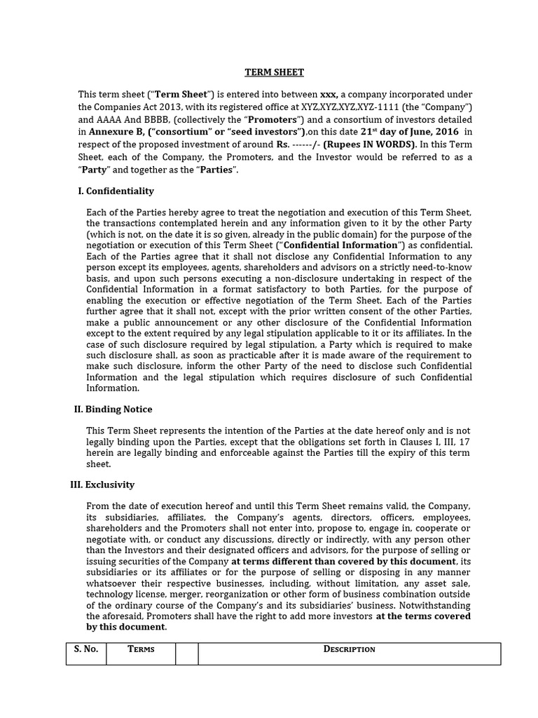 Draft Term Sheet - Rajul | PDF | Stocks | Investing