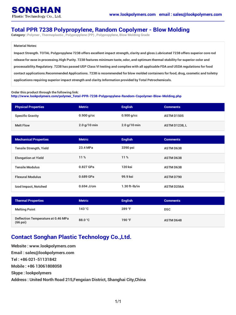 Total PPR 7238 Polypropylene Random Copolymer Blow Molding | PDF ...