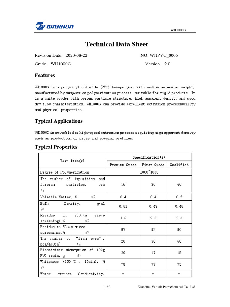 TDS WH1000G en | PDF | Polyvinyl Chloride | Chemistry