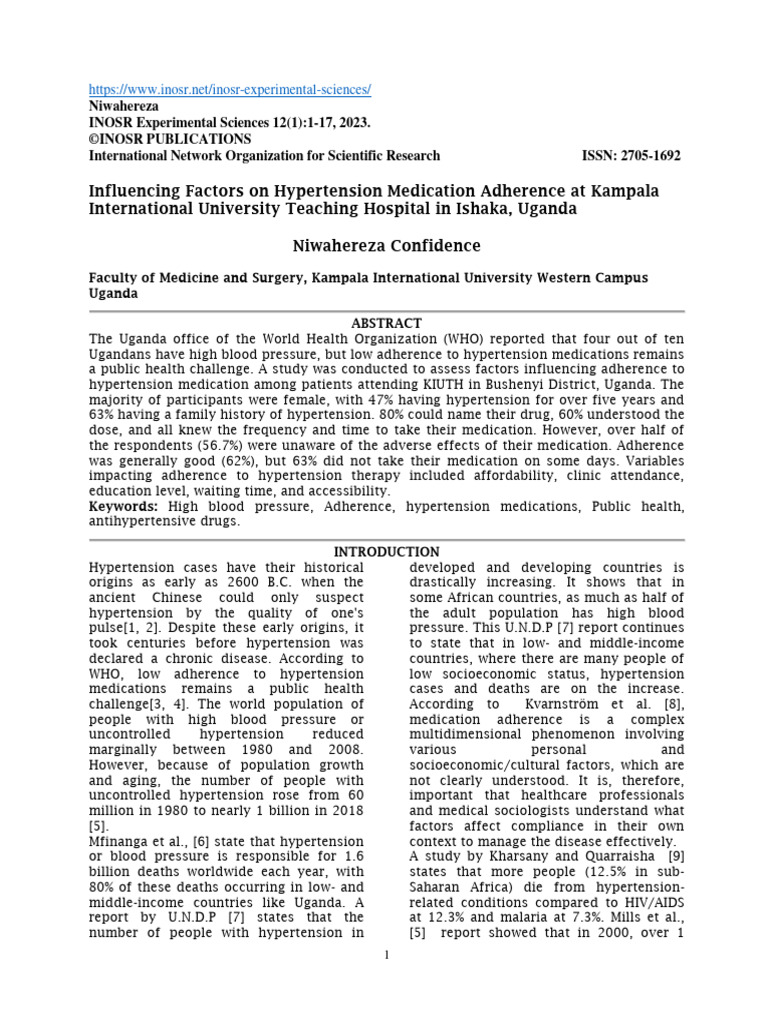 Influencing Factors On Hypertension Medication Adherence at Kampala ...