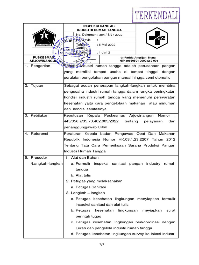 Sop Inspeksi Industri Rumah Tangga | PDF