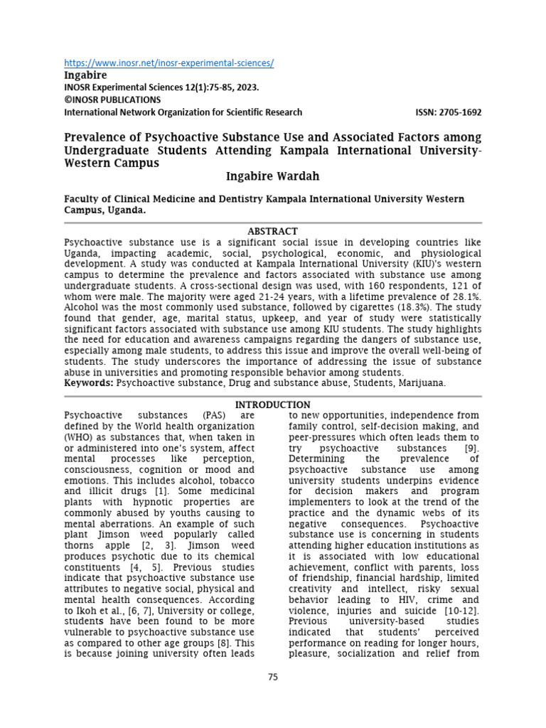 Prevalence of Psychoactive Substance Use and Associated Factors Among Undergraduate Students ...