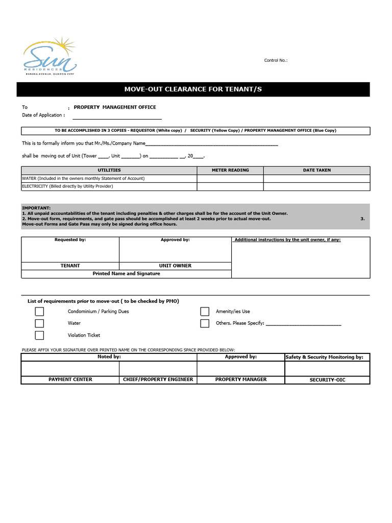Move-Out Clearance Form for Tenants | PDF