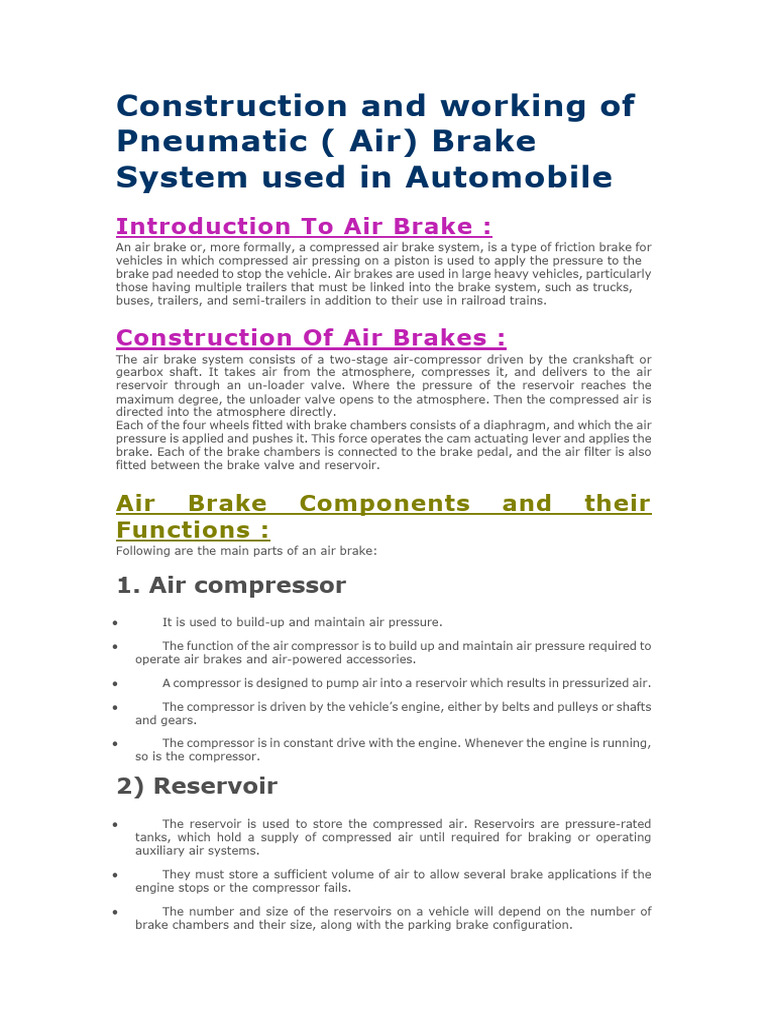 Construction and Working of Pneumatic | PDF | Brake | Tools