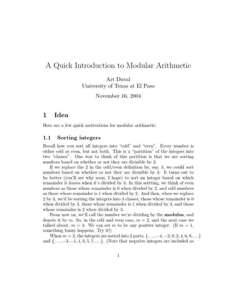 A Quick Introduction To Modular Arithmetic: 1 Idea | PDF