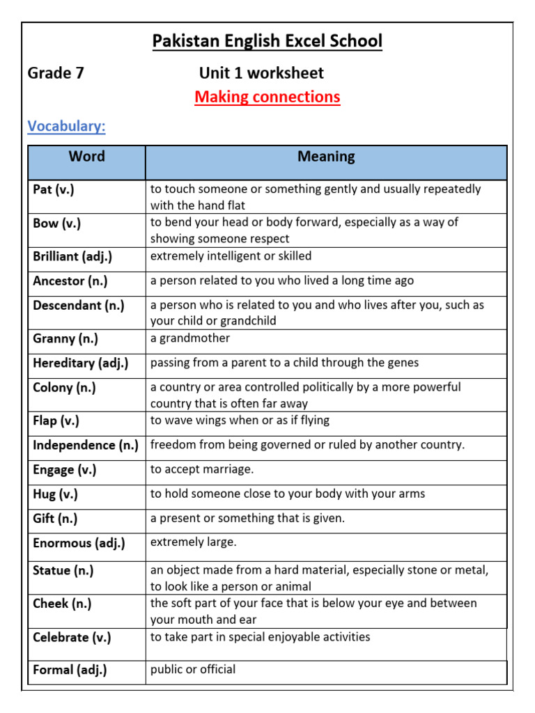 Grade 7 Vocabulary & Grammar Worksheet | PDF