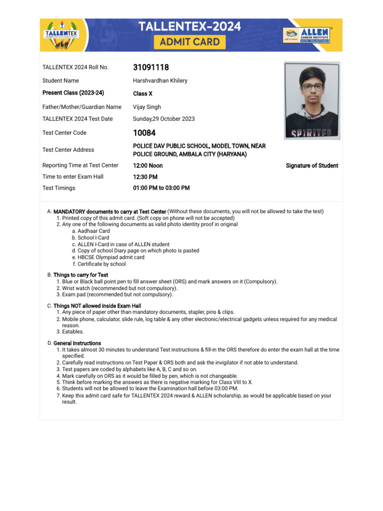Tallentex 2024 - Admit Card | PDF