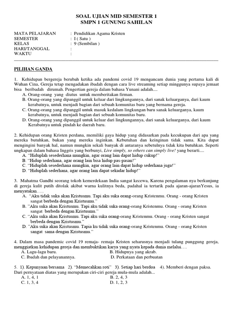 Soal Ujian Mid Semester 1 Pak - SMPN Kelas 9 | PDF