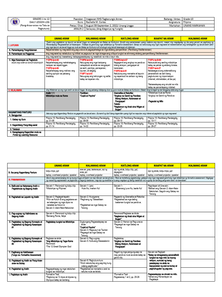 1 DLL in Filipino 10. Aralin 1.1 | PDF